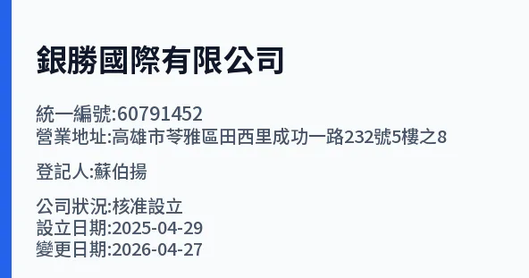 銀勝國際有限公司的照片-統編 60791452(高雄市) 公司登記資料與營業項目詳細圖表