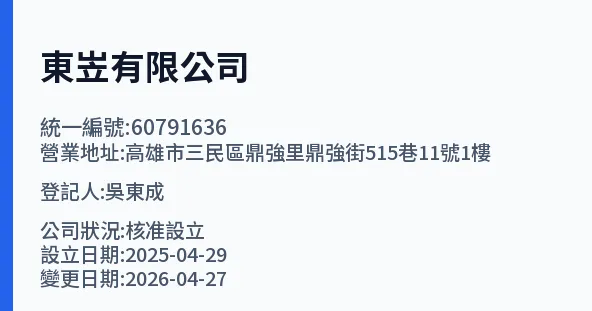 東岦有限公司的照片-統編 60791636(高雄市) 公司登記資料與營業項目詳細圖表