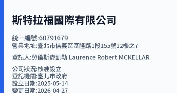 斯特拉福國際有限公司的照片-統編 60791679(臺北市) 公司登記資料與營業項目詳細圖表