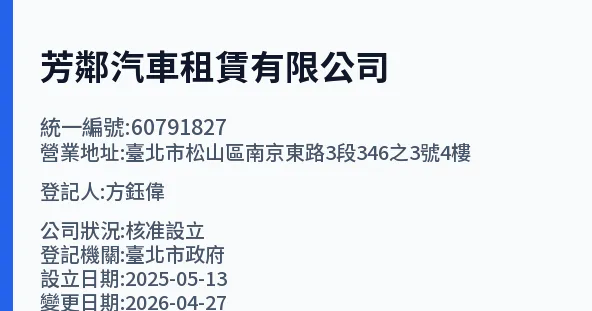 芳鄰汽車租賃有限公司的照片-統編 60791827(臺北市) 公司登記資料與營業項目詳細圖表
