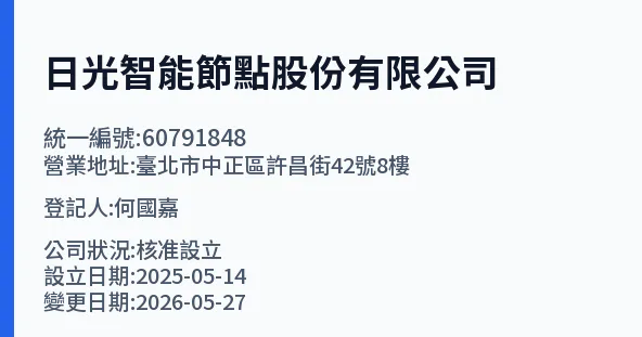 日光智能節點股份有限公司的照片-統編 60791848(臺北市) 公司登記資料與營業項目詳細圖表