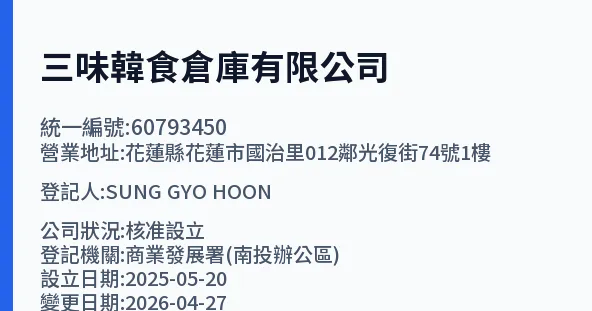 三味韓食倉庫有限公司的照片-統編 60793450(花蓮縣) 公司登記資料與營業項目詳細圖表