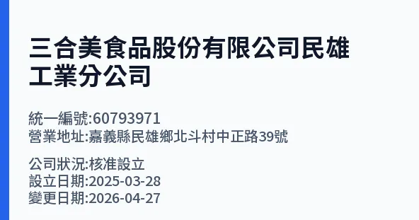 三合美食品股份有限公司民雄工業分公司的照片-統編 60793971(嘉義縣) 公司登記資料與營業項目詳細圖表