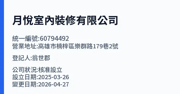 月悅室內裝修有限公司的照片-統編 60794492(高雄市) 公司登記資料與營業項目詳細圖表