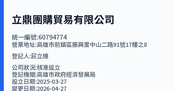 立鼎團購貿易有限公司的照片-統編 60794774(高雄市) 公司登記資料與營業項目詳細圖表