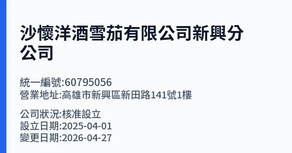 沙懷洋酒雪茄有限公司新興分公司的照片-統編 60795056(高雄市) 公司登記資料與營業項目詳細圖表