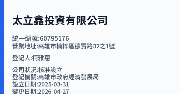 太立鑫投資有限公司的照片-統編 60795176(高雄市) 公司登記資料與營業項目詳細圖表