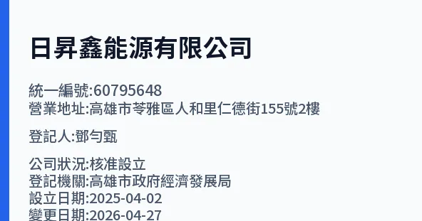 日昇鑫能源有限公司的照片-統編 60795648(高雄市) 公司登記資料與營業項目詳細圖表