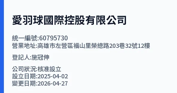 愛羽球國際控股有限公司的照片-統編 60795730(高雄市) 公司登記資料與營業項目詳細圖表