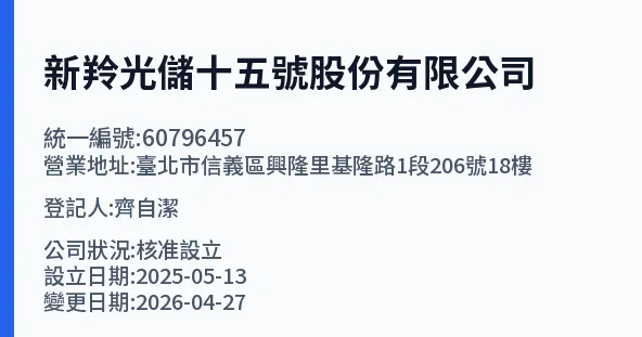 新羚光儲十五號股份有限公司的照片-統編 60796457(臺北市) 公司登記資料與營業項目詳細圖表