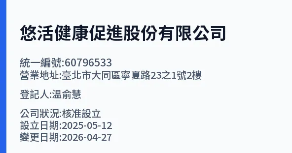 悠活健康促進股份有限公司的照片-統編 60796533(臺北市) 公司登記資料與營業項目詳細圖表