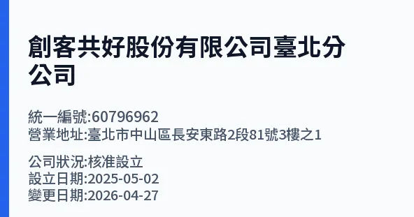 創客共好股份有限公司臺北分公司的照片-統編 60796962(臺北市) 公司登記資料與營業項目詳細圖表