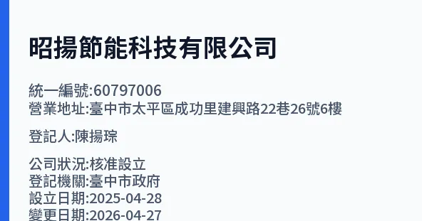 昭揚節能科技有限公司的照片-統編 60797006(臺中市) 公司登記資料與營業項目詳細圖表