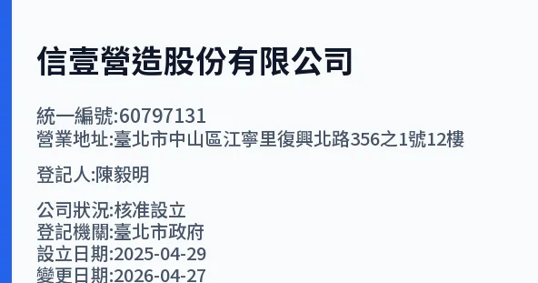 信壹營造股份有限公司的照片-統編 60797131(臺北市) 公司登記資料與營業項目詳細圖表