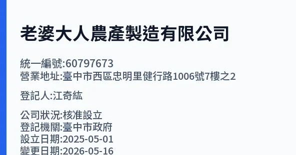 老婆大人農產製造有限公司的照片-統編 60797673(臺中市) 公司登記資料與營業項目詳細圖表