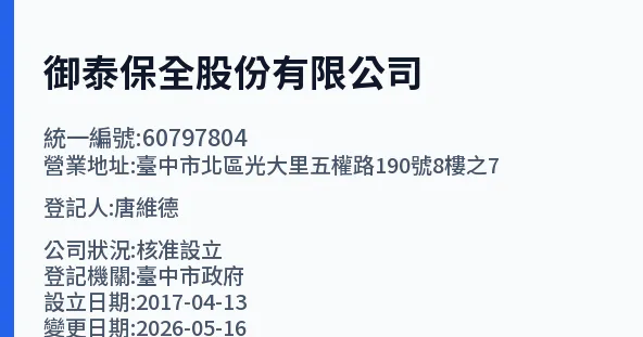 御泰保全股份有限公司的照片-統編 60797804(臺中市) 公司登記資料與營業項目詳細圖表