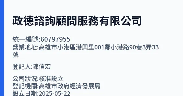 政德諮詢顧問服務有限公司的照片-統編 60797955(高雄市) 公司登記資料與營業項目詳細圖表