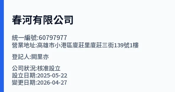 春河有限公司的照片-統編 60797977(高雄市) 公司登記資料與營業項目詳細圖表