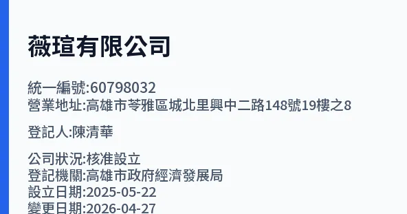 薇瑄有限公司的照片-統編 60798032(高雄市) 公司登記資料與營業項目詳細圖表