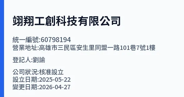 翊翔工創科技有限公司的照片-統編 60798194(高雄市) 公司登記資料與營業項目詳細圖表