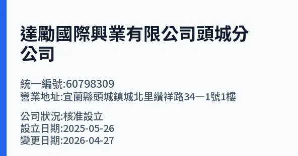達勵國際興業有限公司頭城分公司的照片-統編 60798309(宜蘭縣) 公司登記資料與營業項目詳細圖表
