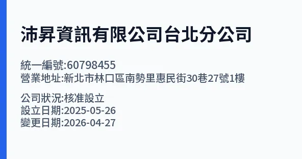 沛昇資訊有限公司台北分公司的照片-統編 60798455(新北市) 公司登記資料與營業項目詳細圖表