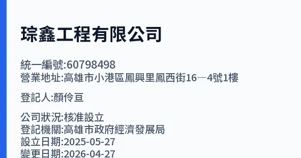 琮鑫工程有限公司的照片-統編 60798498(高雄市) 公司登記資料與營業項目詳細圖表