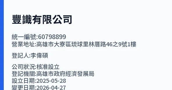 豐識有限公司的照片-統編 60798899(高雄市) 公司登記資料與營業項目詳細圖表