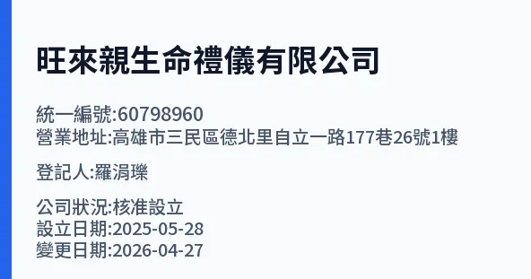 旺來親生命禮儀有限公司的照片-統編 60798960(高雄市) 公司登記資料與營業項目詳細圖表