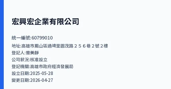宏興宏企業有限公司的照片-統編 60799010(高雄市) 公司登記資料與營業項目詳細圖表