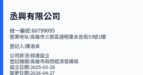 丞興有限公司的照片-統編 60799095(高雄市) 公司登記資料與營業項目詳細圖表