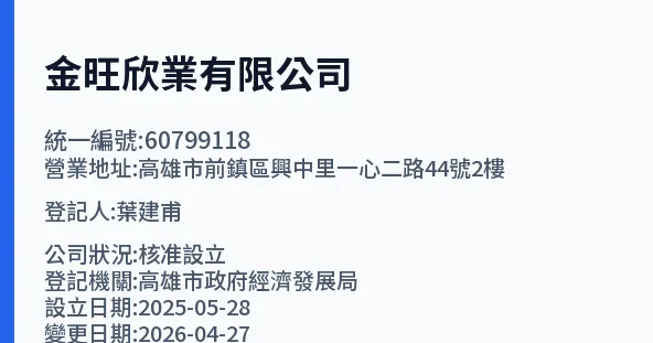 金旺欣業有限公司的照片-統編 60799118(高雄市) 公司登記資料與營業項目詳細圖表
