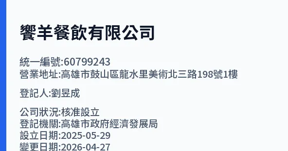 饗羊餐飲有限公司的照片-統編 60799243(高雄市) 公司登記資料與營業項目詳細圖表