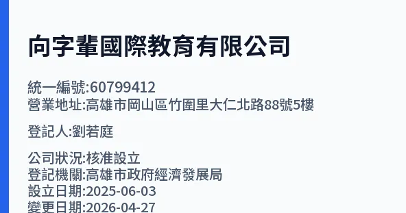 向字輩國際教育有限公司的照片-統編 60799412(高雄市) 公司登記資料與營業項目詳細圖表