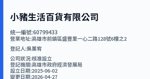小豬生活百貨有限公司的照片-統編 60799433(高雄市) 公司登記資料與營業項目詳細圖表