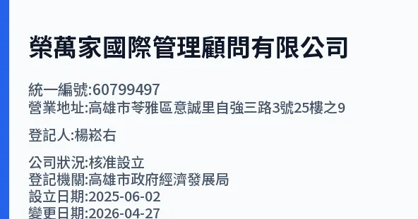 榮萬家國際管理顧問有限公司的照片-統編 60799497(高雄市) 公司登記資料與營業項目詳細圖表