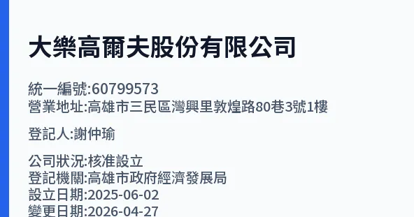 大樂高爾夫股份有限公司的照片-統編 60799573(高雄市) 公司登記資料與營業項目詳細圖表