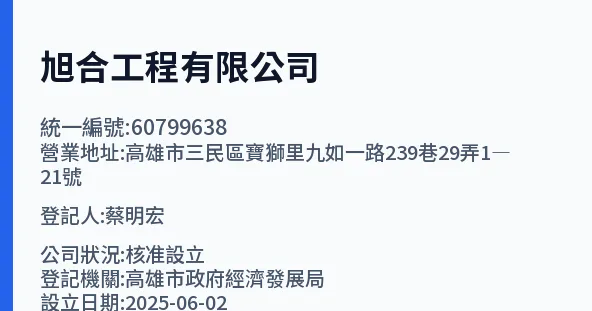 旭合工程有限公司的照片-統編 60799638(高雄市) 公司登記資料與營業項目詳細圖表