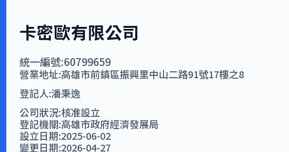 卡密歐有限公司的照片-統編 60799659(高雄市) 公司登記資料與營業項目詳細圖表