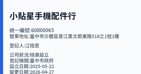 小貼星手機配件行的照片-統編 60800065(臺中市) 公司登記資料與營業項目詳細圖表