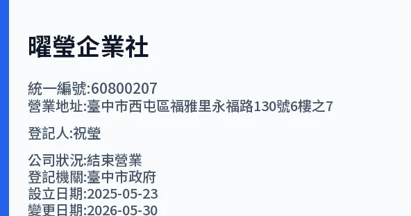 曜瑩企業社的照片-統編 60800207(臺中市) 公司登記資料與營業項目詳細圖表
