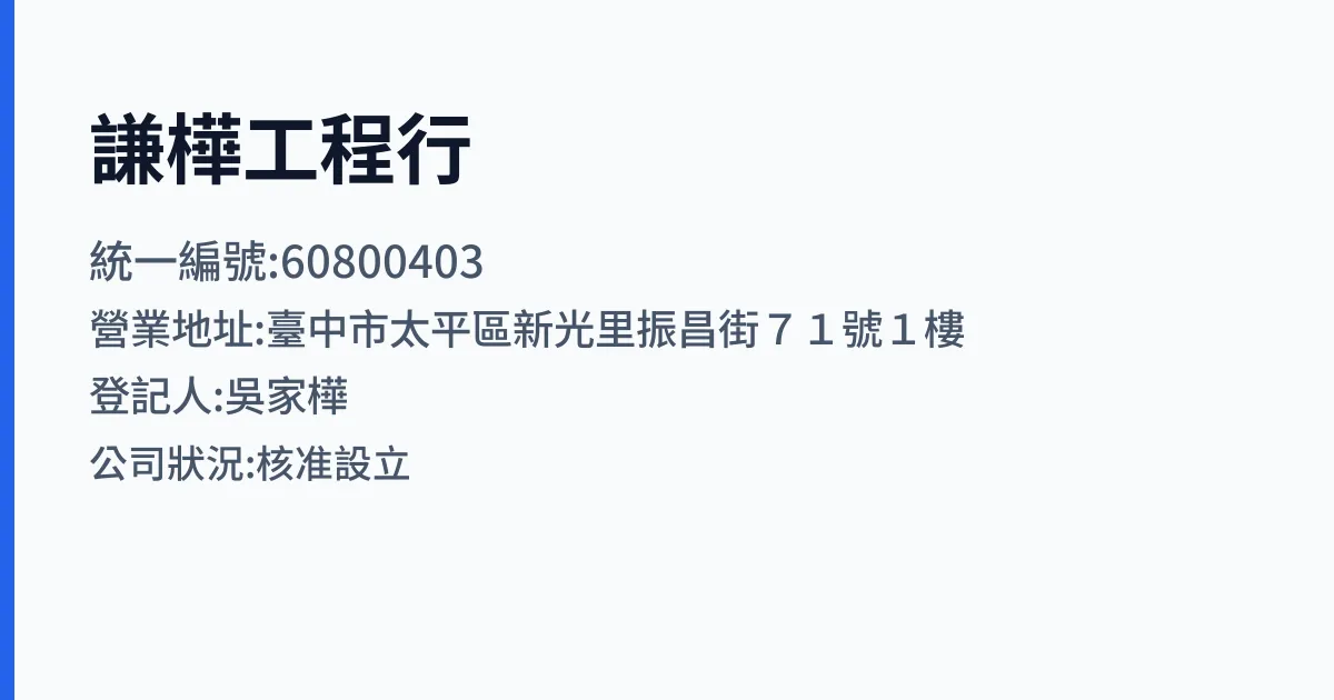 謙樺工程行 - 統編 60800403(臺中市) 公司登記資料與營業項目詳細圖表