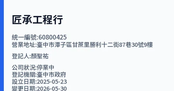 匠承工程行的照片-統編 60800425(臺中市) 公司登記資料與營業項目詳細圖表