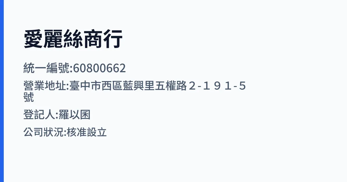 愛麗絲商行 - 統編 60800662(臺中市) 公司登記資料與營業項目詳細圖表