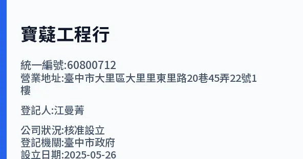 寶薿工程行的照片-統編 60800712(臺中市) 公司登記資料與營業項目詳細圖表