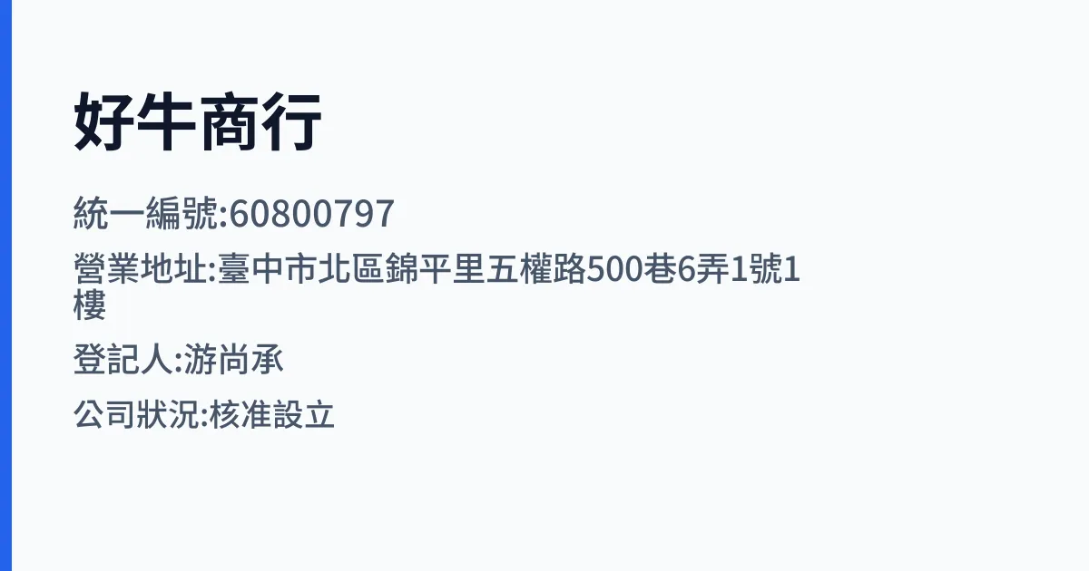 好牛商行 - 統編 60800797(臺中市) 公司登記資料與營業項目詳細圖表