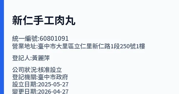 新仁手工肉丸的照片-統編 60801091(臺中市) 公司登記資料與營業項目詳細圖表