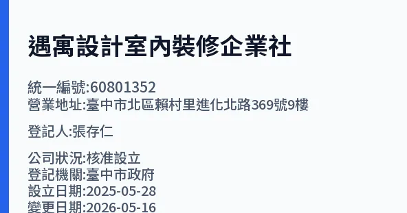 遇寓設計室內裝修企業社的照片-統編 60801352(臺中市) 公司登記資料與營業項目詳細圖表