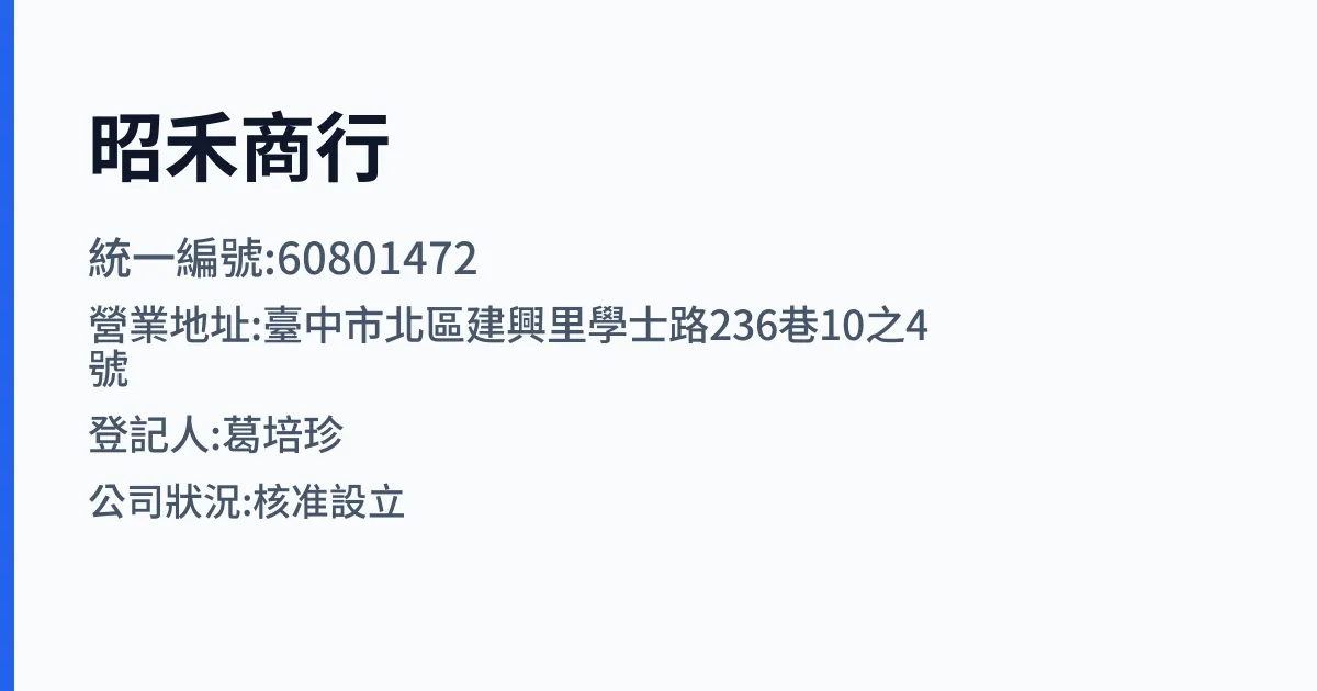 昭禾商行 - 統編 60801472(臺中市) 公司登記資料與營業項目詳細圖表