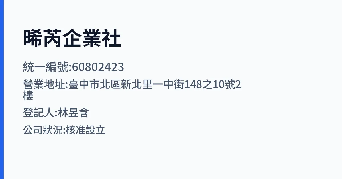 晞芮企業社 - 統編 60802423（臺中市） 公司登記資料與營業項目詳細圖表